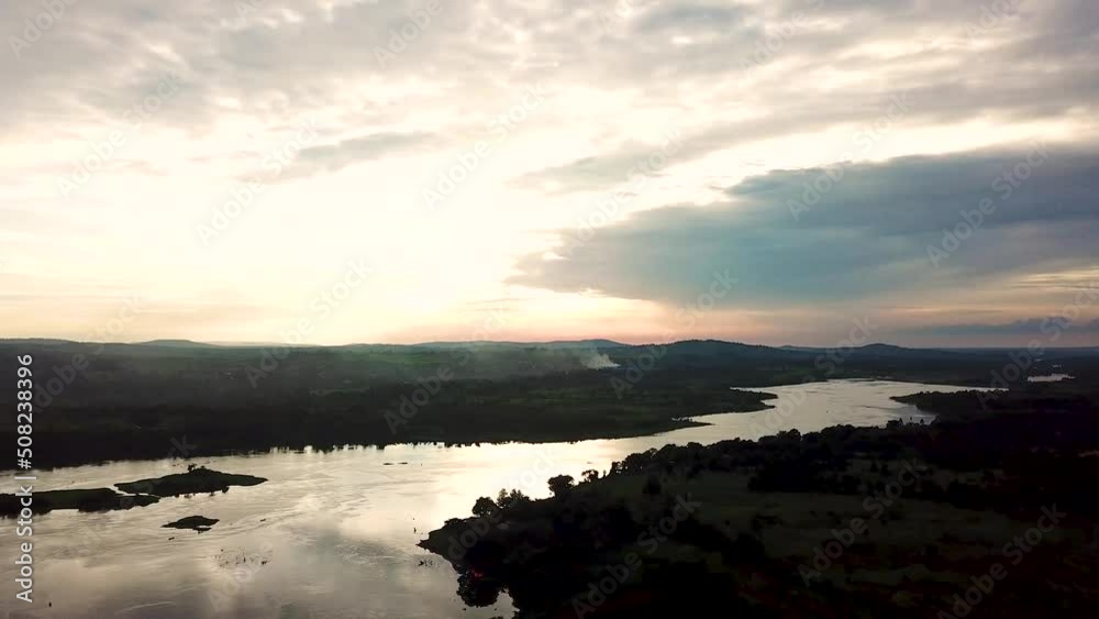 Scenic view of Nile river in Jinja Uganda. Drone reveal natural African ...