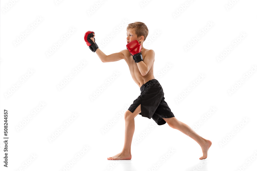 One little boy, sportive kid in black shots and gloves training thai ...