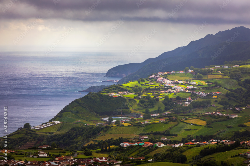 Beautiful nature view on Azores with small villages, tows, green nature ...