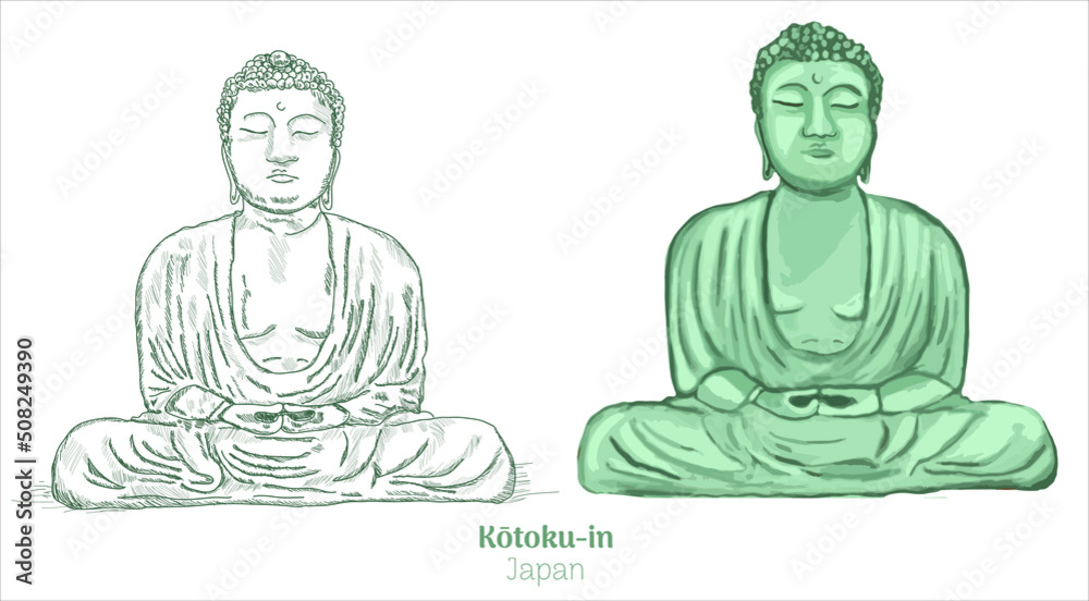 the great buddha of kamakura japan hand drawing vector illustration ...