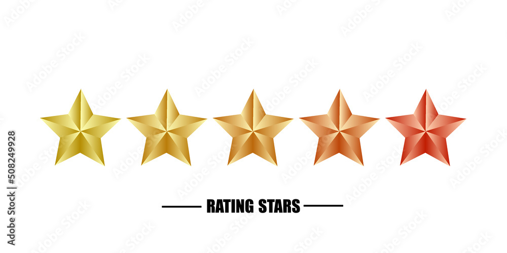 Five gold stars. Rate stars 3d effect on white background. For rating ...
