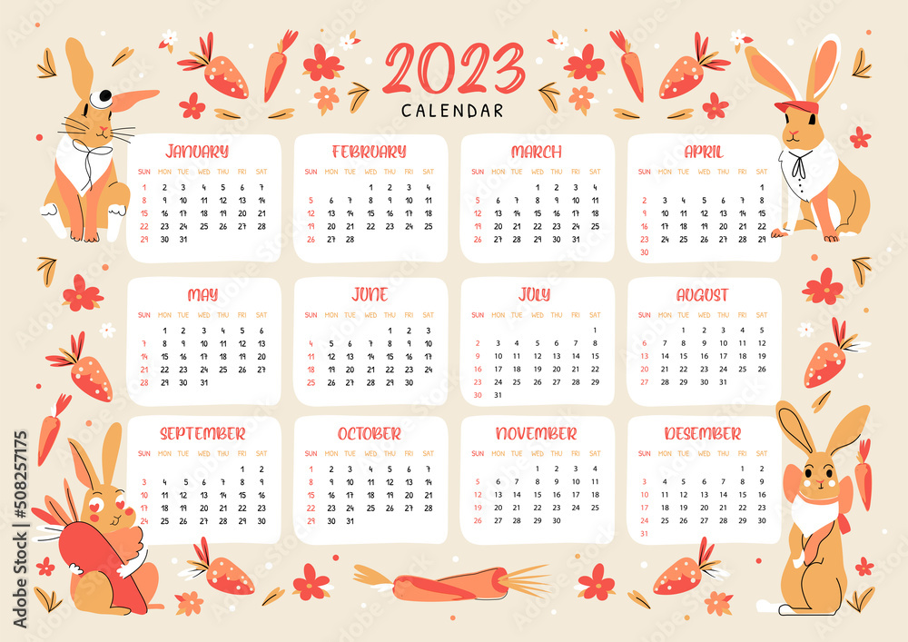 Calendar 2023 year with cute rabbit. Year of rabbit. Week Starts Sunday ...