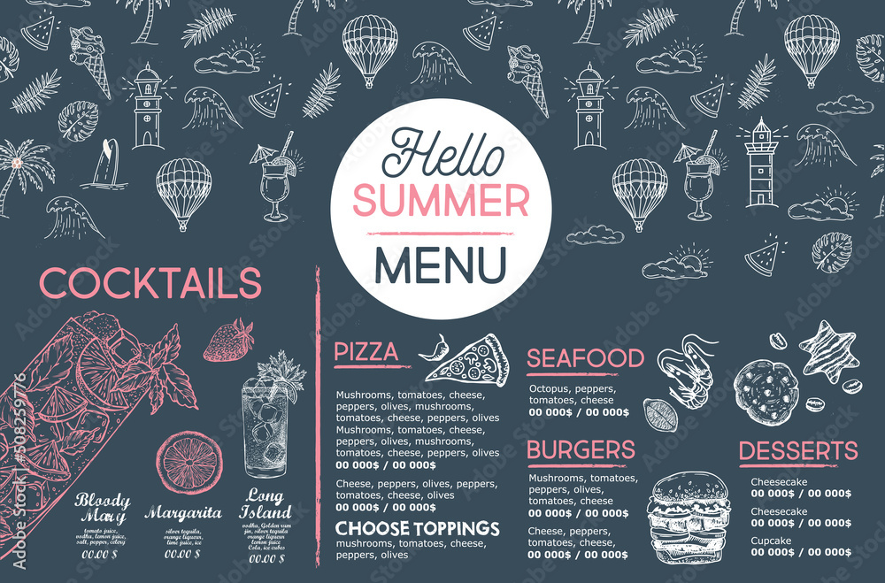 Summer menu, template design. Food flyer. Hand-drawn style. Vector ...