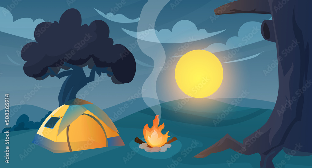 camping by night Summer camp in forest with bonfire and tent at night ...