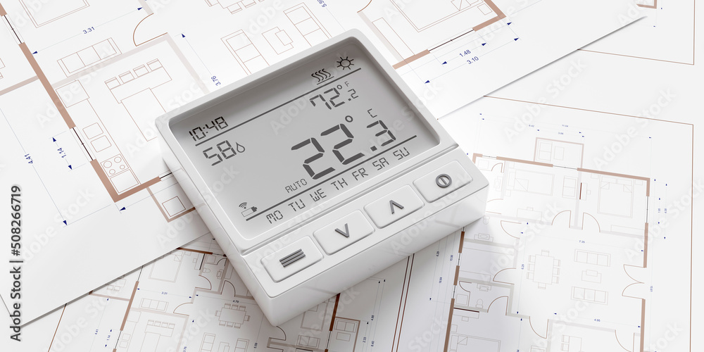 Energy efficiency thermostat on drawings design. Home heating ...