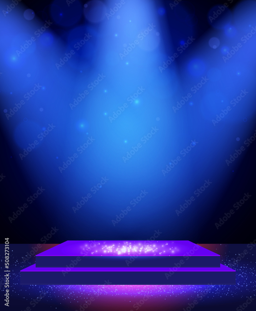 Vector empty blue neon shine table or room wall background with sparkle ...