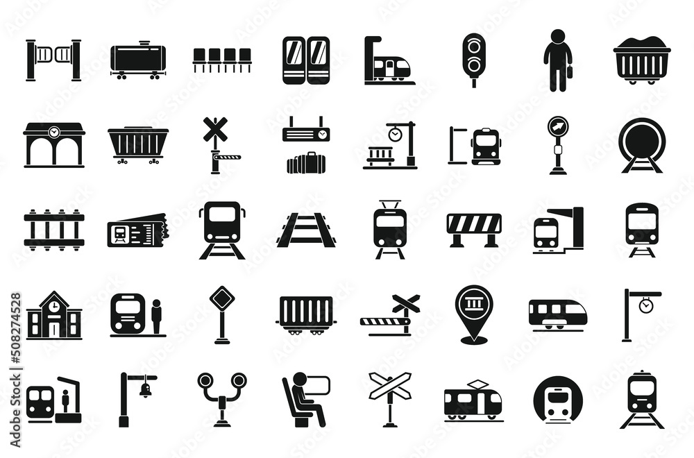 Railway platform icons set simple vector. Locomotive subway Stock ...