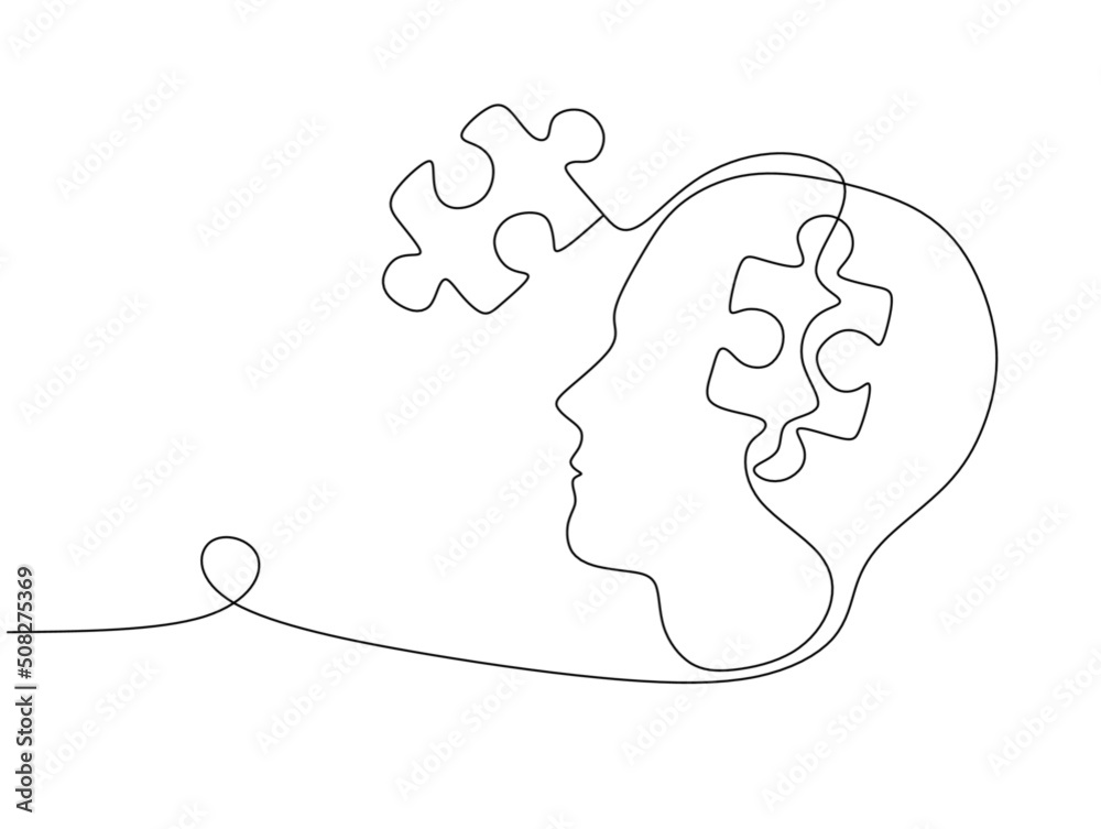 Continuous line art or One Line Drawing of Human Brain with Jigsaw ...