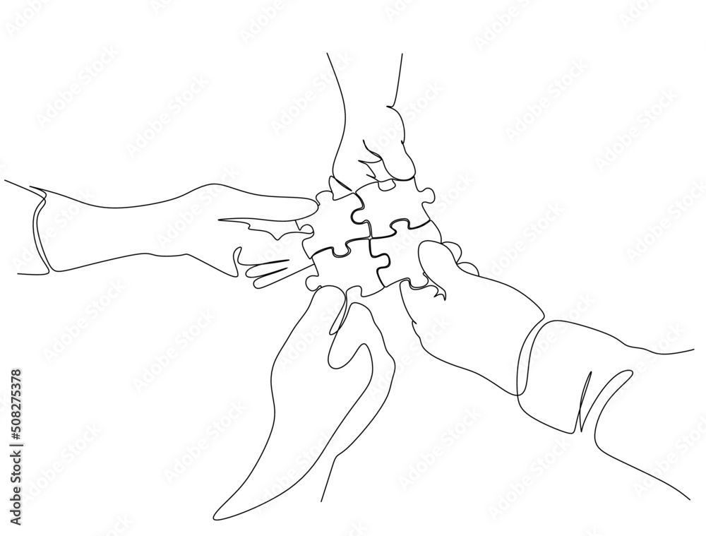 Single continuous line drawing of business team members unite puzzle ...