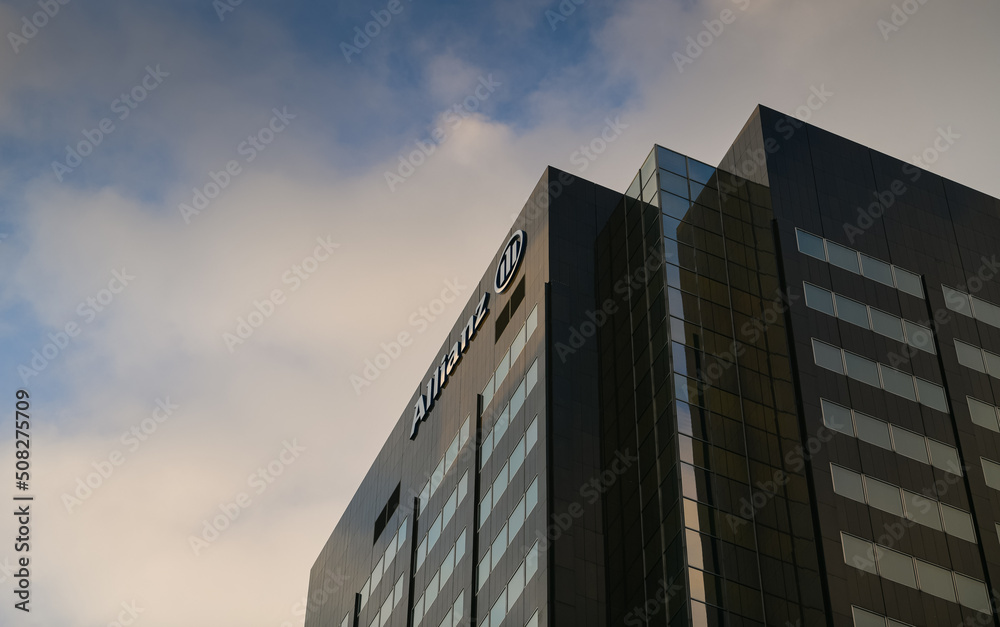 The logo sign of Allianz banking finance company on the headquarters ...