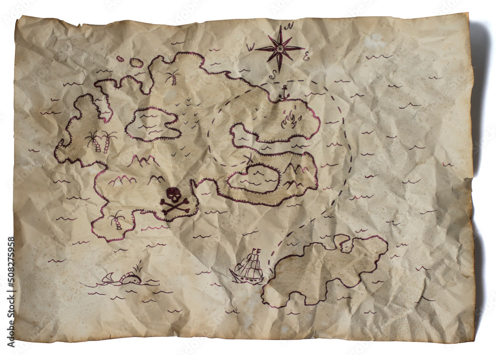 Old treasure map. Crumpled map of pirates on a white background. Stock ...