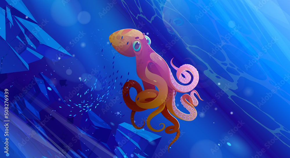 Underwater ocean scene with giant octopus, fish and stones. Vector ...