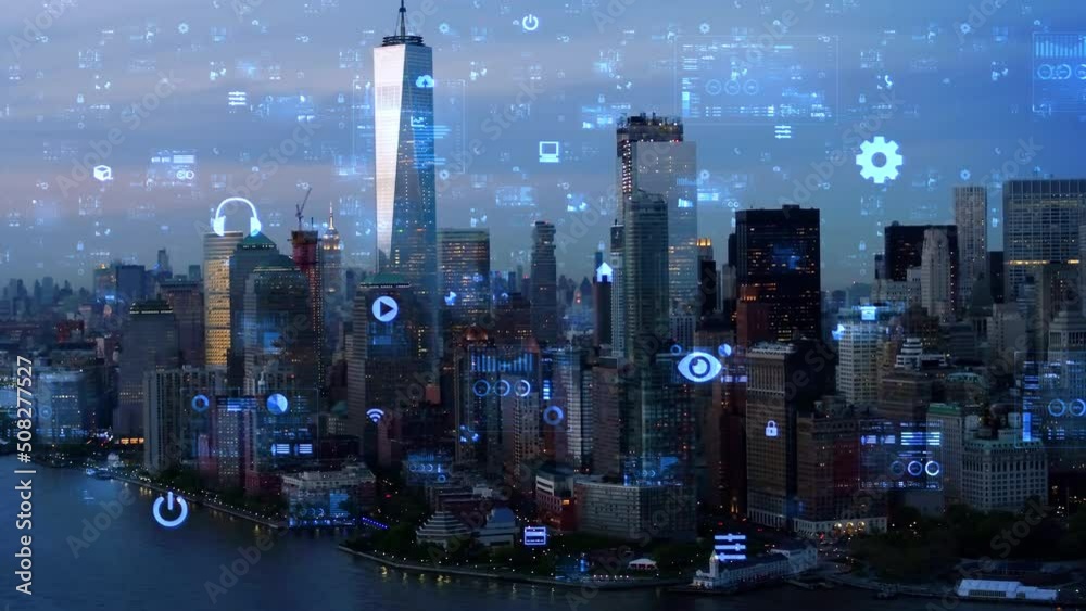 Futuristic aerial view of Lower Manhattan with Augmented reality ...