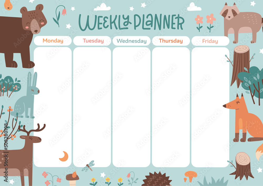 Weekly planner for kids with woodland animals. Children's school ...