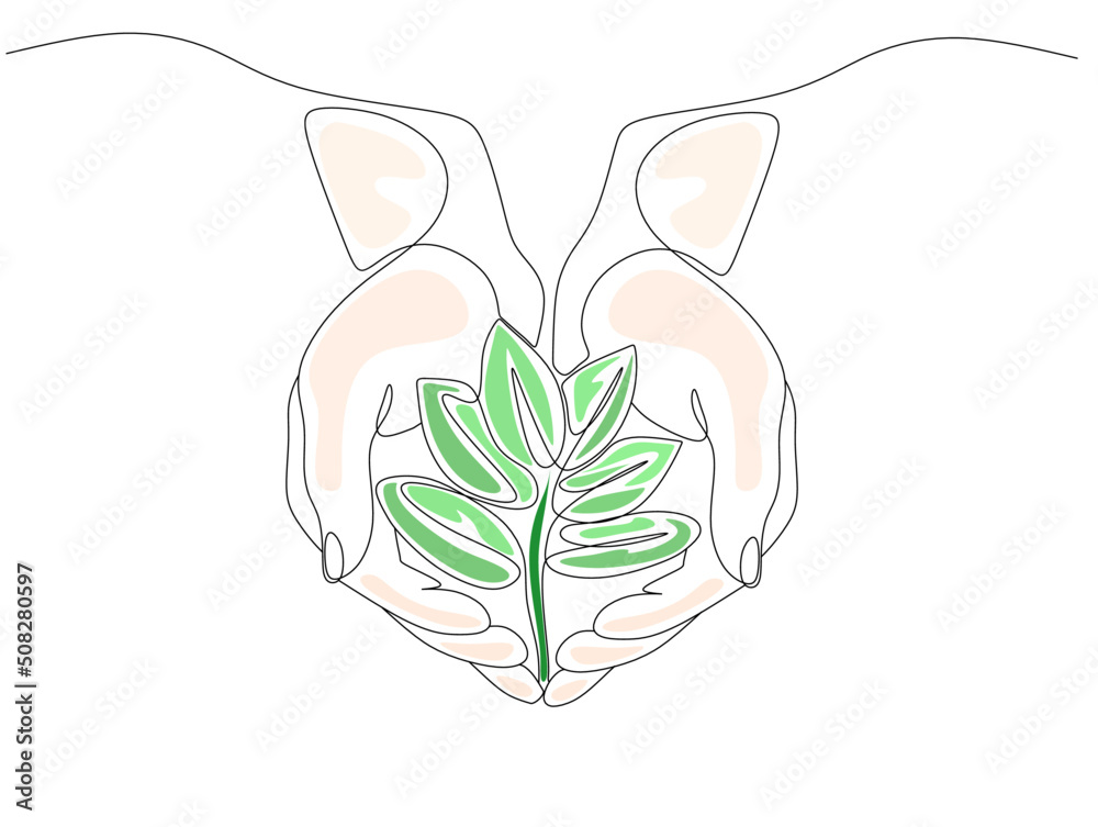 Continuous one line drawing of back to nature theme with hands holding ...