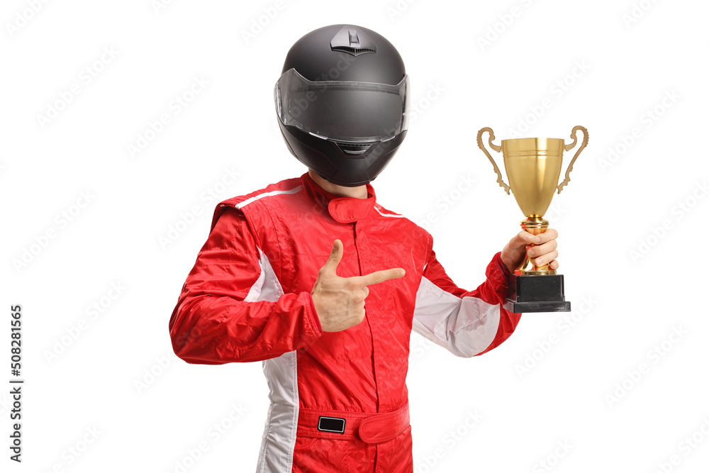 Car racer winner with a black helmet holding a gold trophy cup and ...