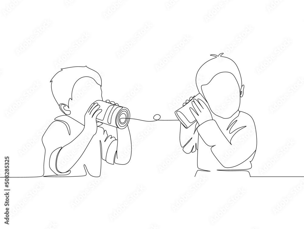 Single continuous line drawing little boys talk using string phone ...