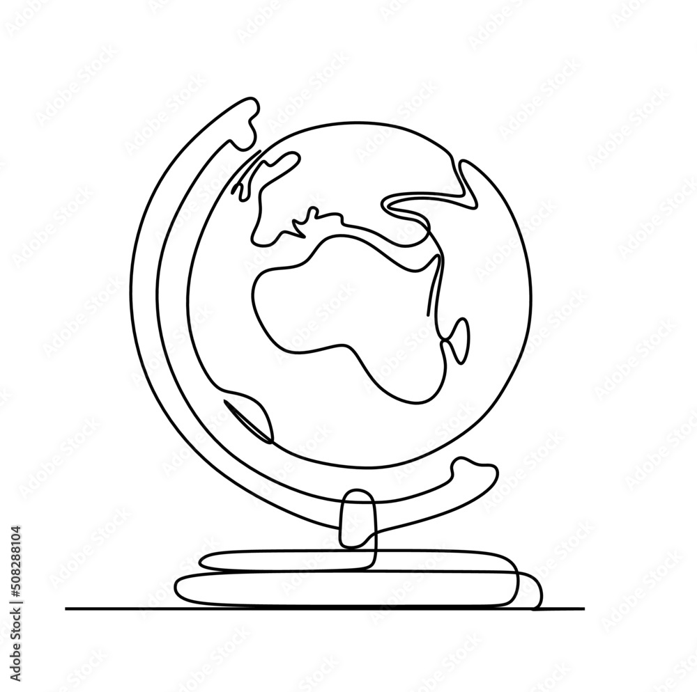 Earth globe above books stack. Single continuous line world global map ...