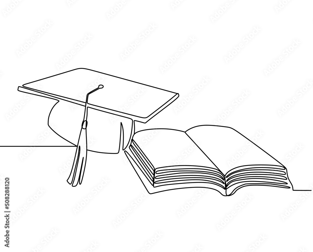 One continuous line drawing of graduation cap and book. Education ...