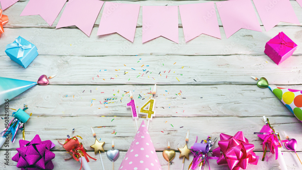 Happy birthday number 14. Copyspace. Beautiful card in pastel pink ...