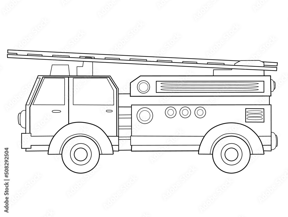 Fire engine side view outline isolated on white background. Coloring ...