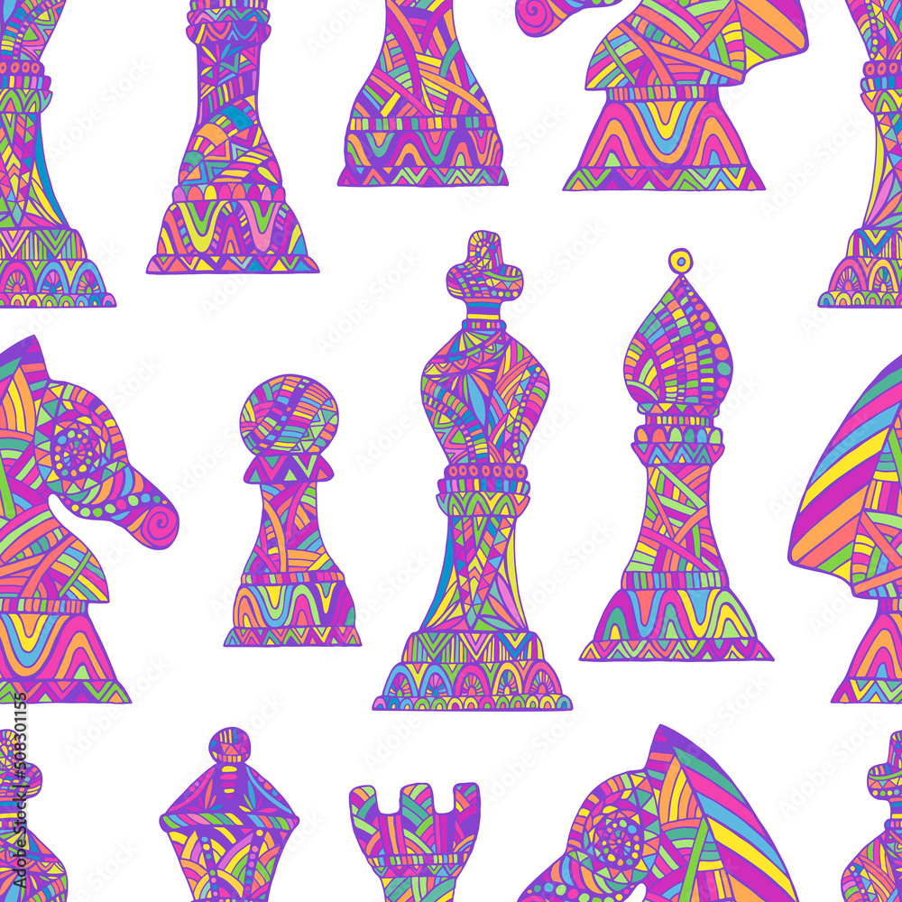 Colorful seamless pattern with chess pieces King, Queen, Bishop, Knight ...