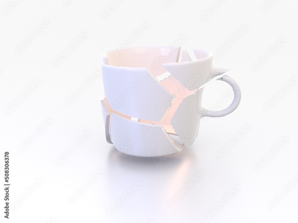 Coffee tea cup broken with sharp shards and orange light inside bullet ...