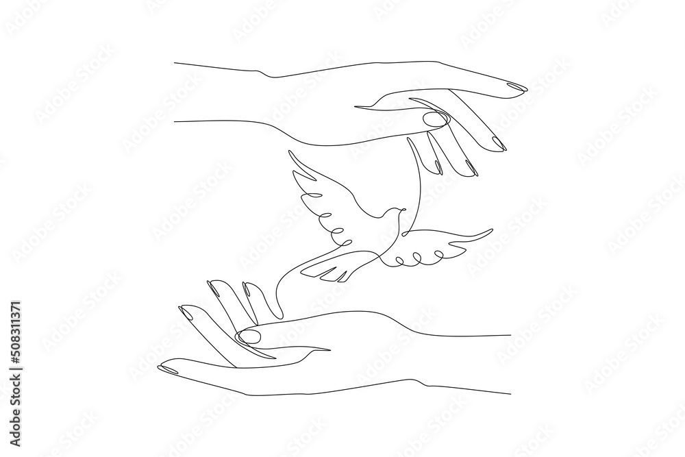 One continuous drawing of flying white dove in caring hands. Bird ...