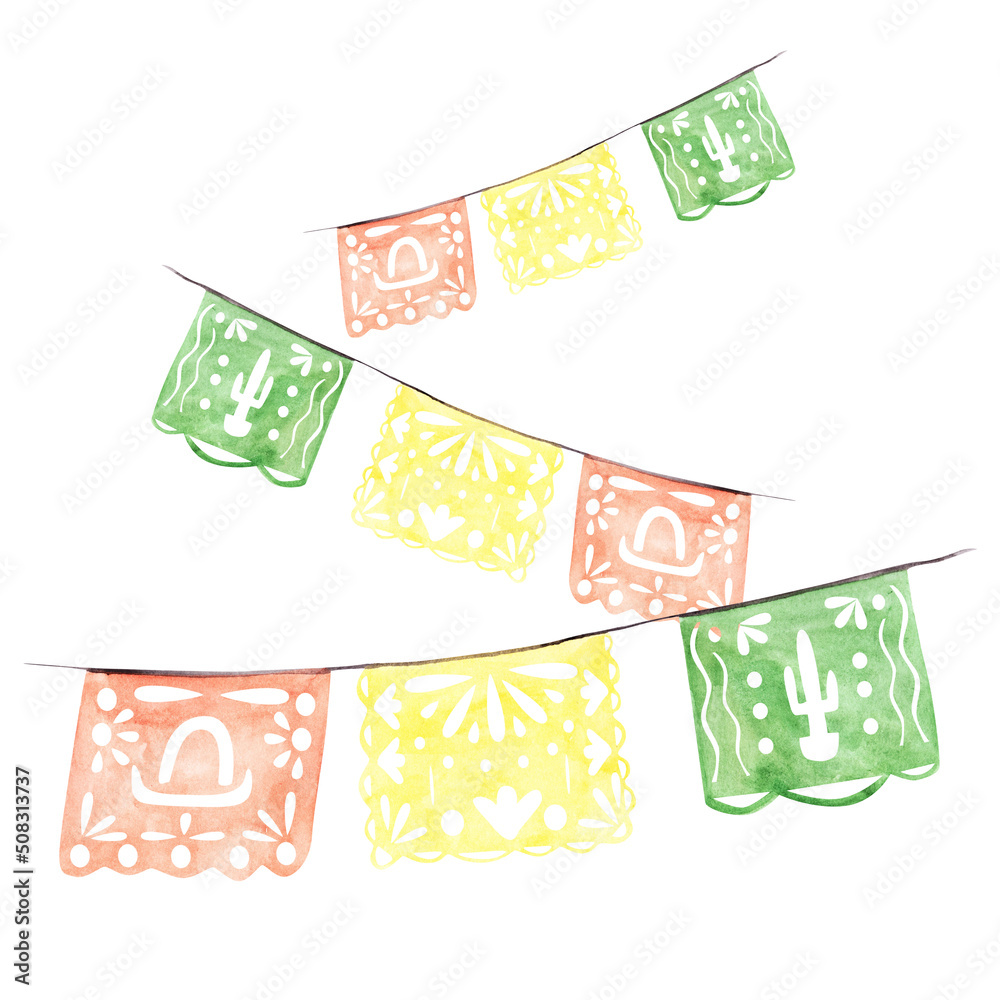 Papel Picado is isolated on a white background. Watercolor Mexican ...