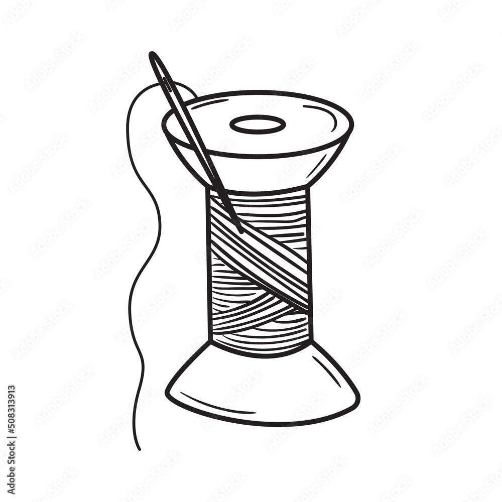 Outline doodle illustration of thread spool with needle. Hand drawn ...