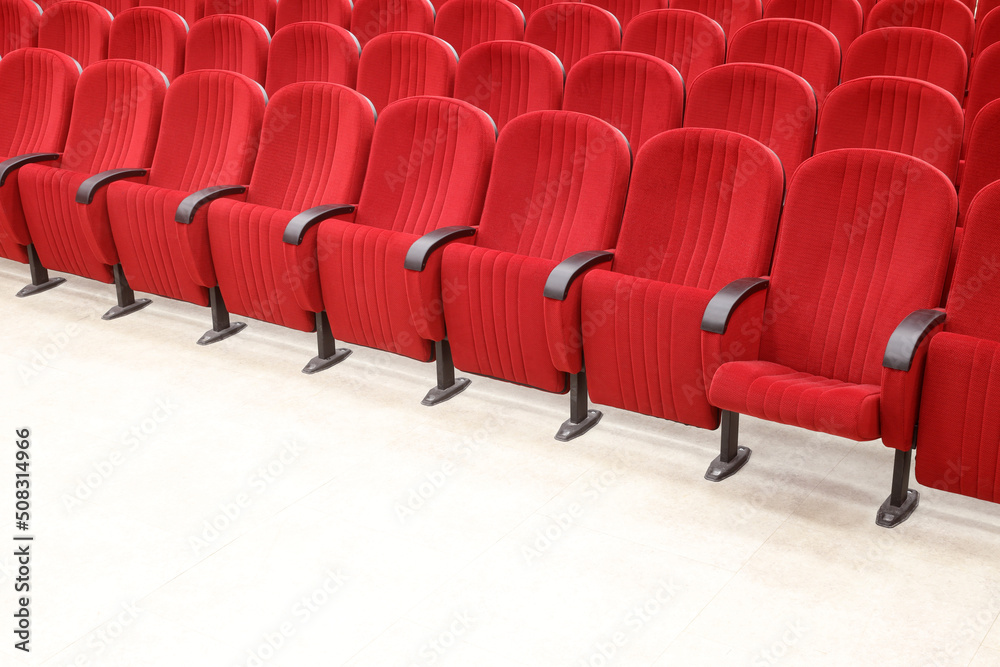 Seats in cinema theater hall with huge big screen in front. Movies ...