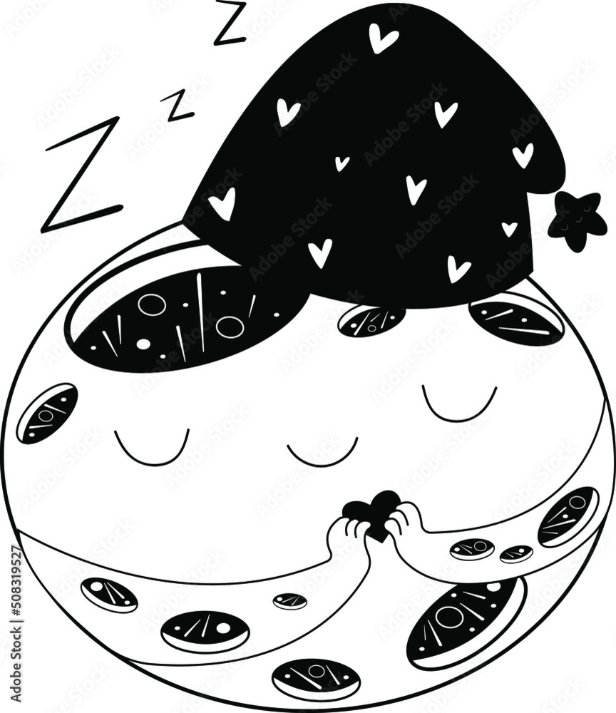 vector sleeping moon in cartoon style.space planet linear illustration ...