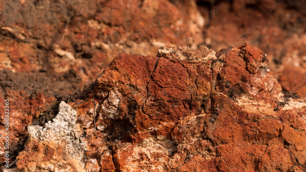 Sedimentary rocks with a high content of iron oxide. Red soil, loam ...