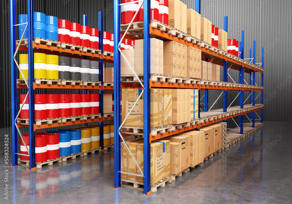 Industrial company warehouse. Logistic warehouse with racks. Boxes and ...