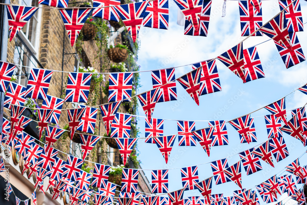 Union Jack flags on the street during queens jubilee celebration ...