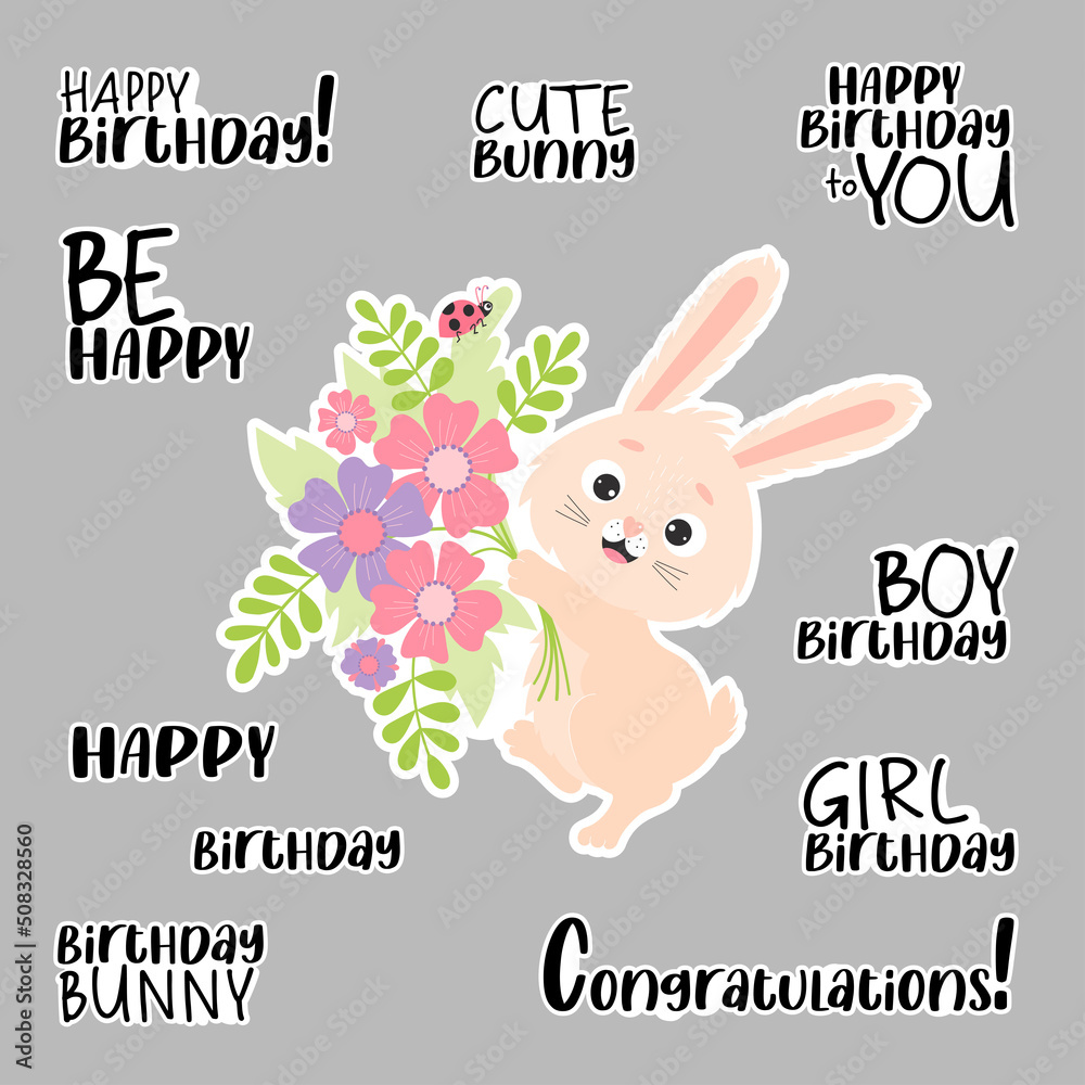 Birthday stickers. Cute bunny with bouquet of flowers and ladybug and ...