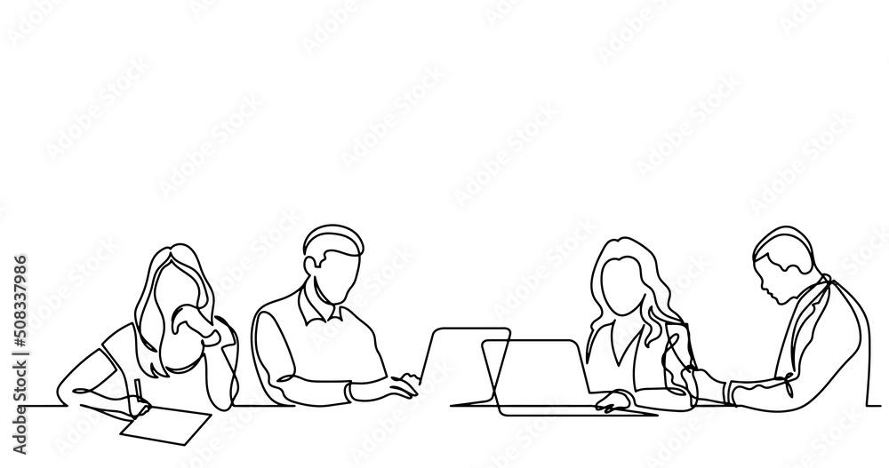 continuous line drawing of office workers at business meeting Stock ...