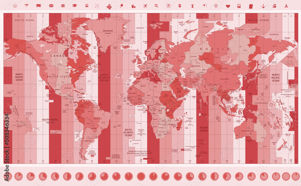 World Map With Standard Time Zones With Clock Icons Stock Vector