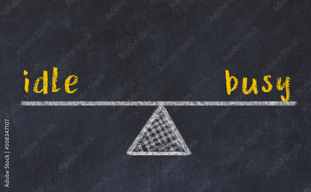 Chalk drawing of scales with words idle and busy. Concept of balance ...