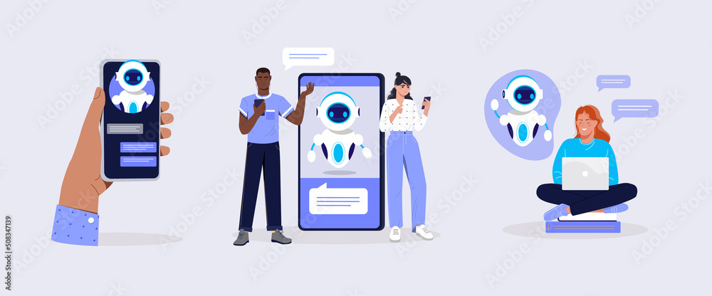 AI assistant support and FAQ concept. Men and women communicate with ...