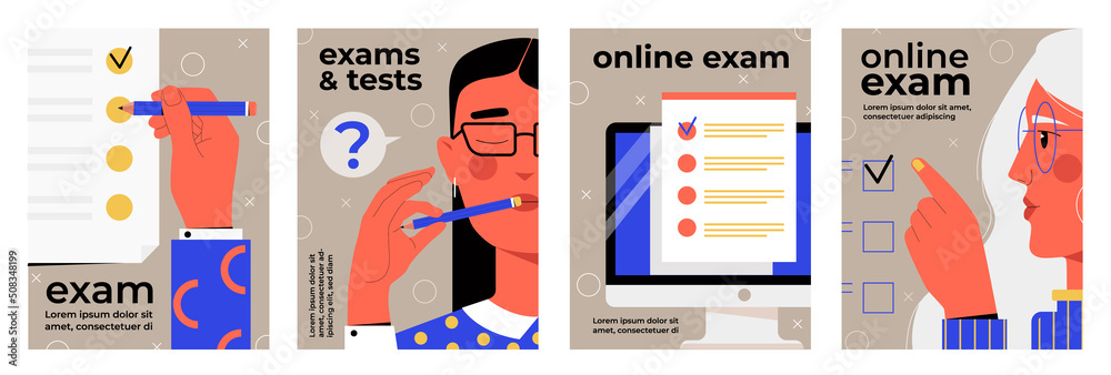 Set of online exam posters. Remote educational test to control student ...