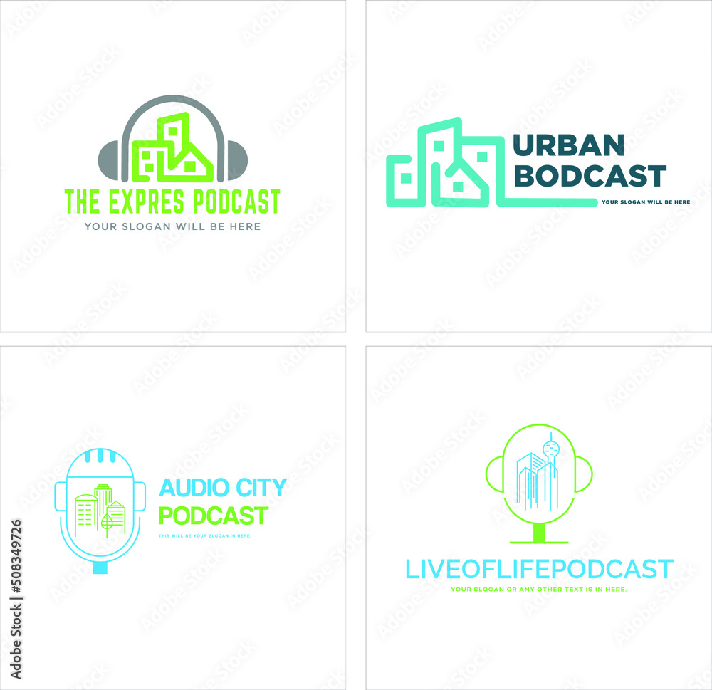 A set of modern podcast logo design template with building, headphone ...