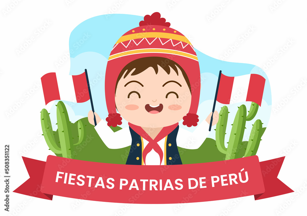 Vetor de Felices Fiestas Patrias or Peruvian Independence Day Cartoon ...