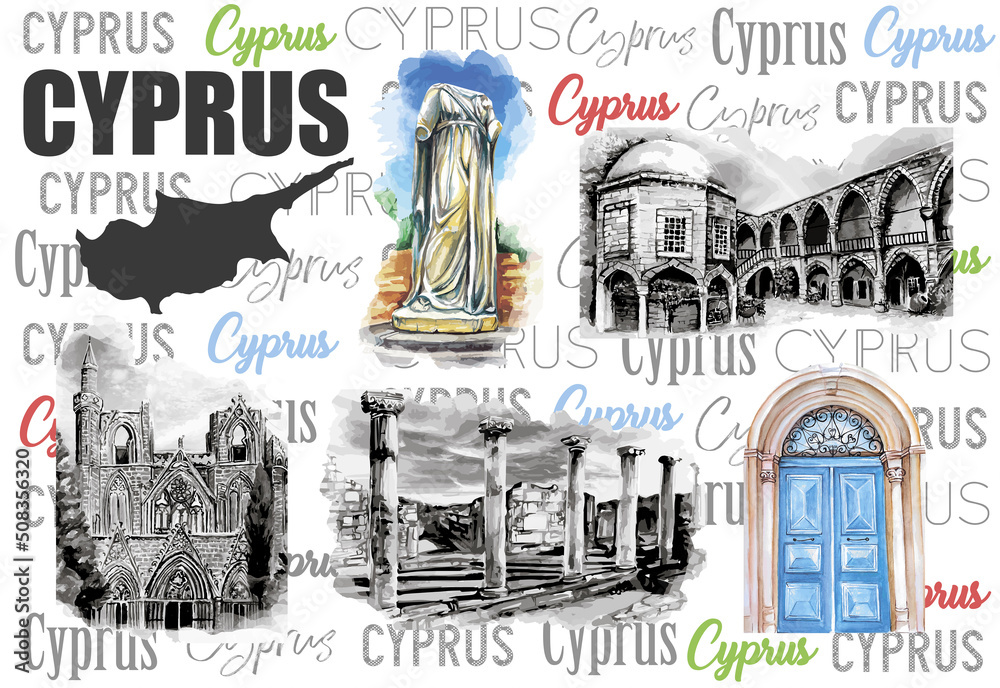 Watercolor drawing art of Cyprus landmarks Stock Illustration | Adobe Stock
