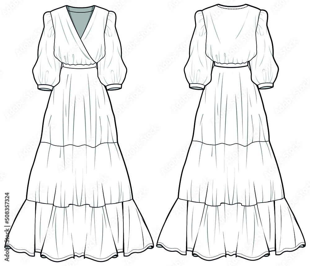 Woman Cross Over Bishop Sleeve Tiered Frill Hem Maxi Dress, Overlap ...