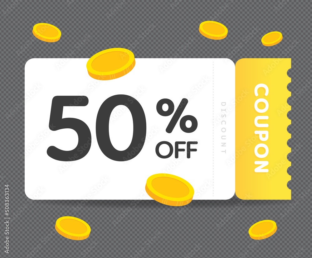 A collection of golden yellow coupons that offer 50% off discount at a ...