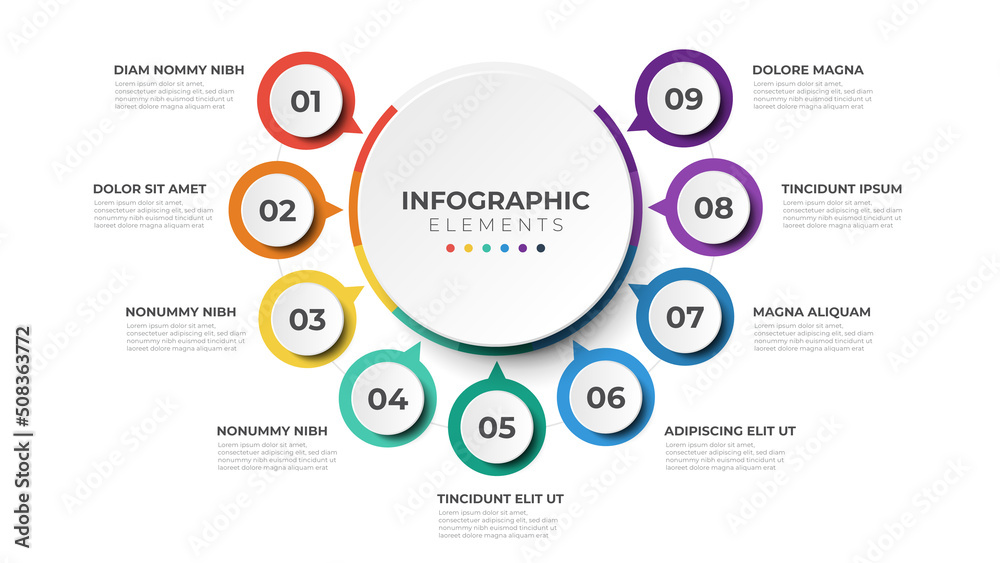 circular layout diagram with 9 list of steps, circular layout diagram infographic element ...