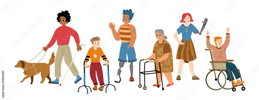 People with different disabilities, old woman with walkers. Vector flat ...