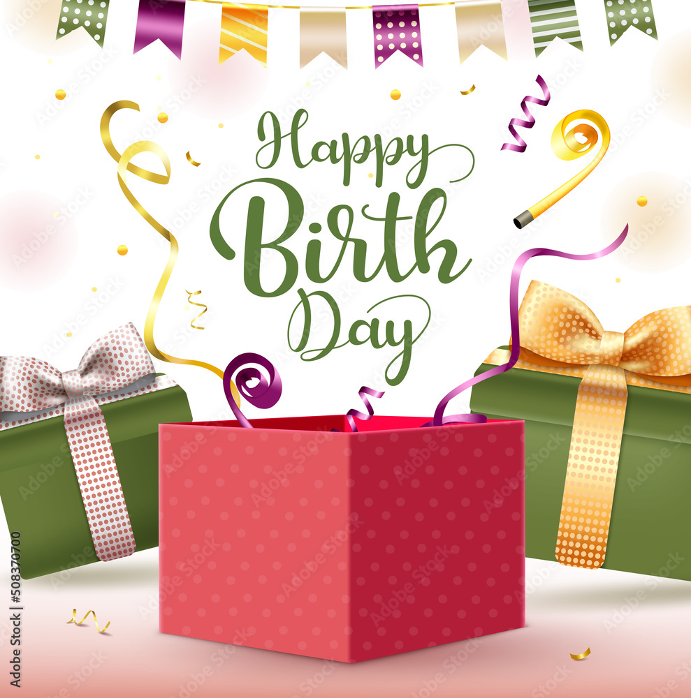 Birthday gifts vector concept design. Happy birthday text with gift boxes, pennants and confetti ...