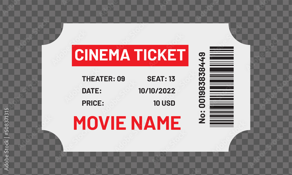 Cinema ticket isolated on transparent background. Template with barcode ...